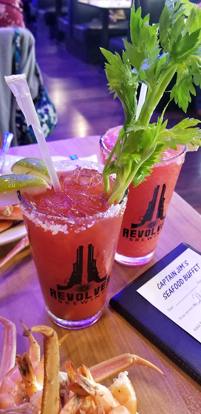 These Bloody Marys come dressed for success with celery stalks standing tall like seafood sentinels.