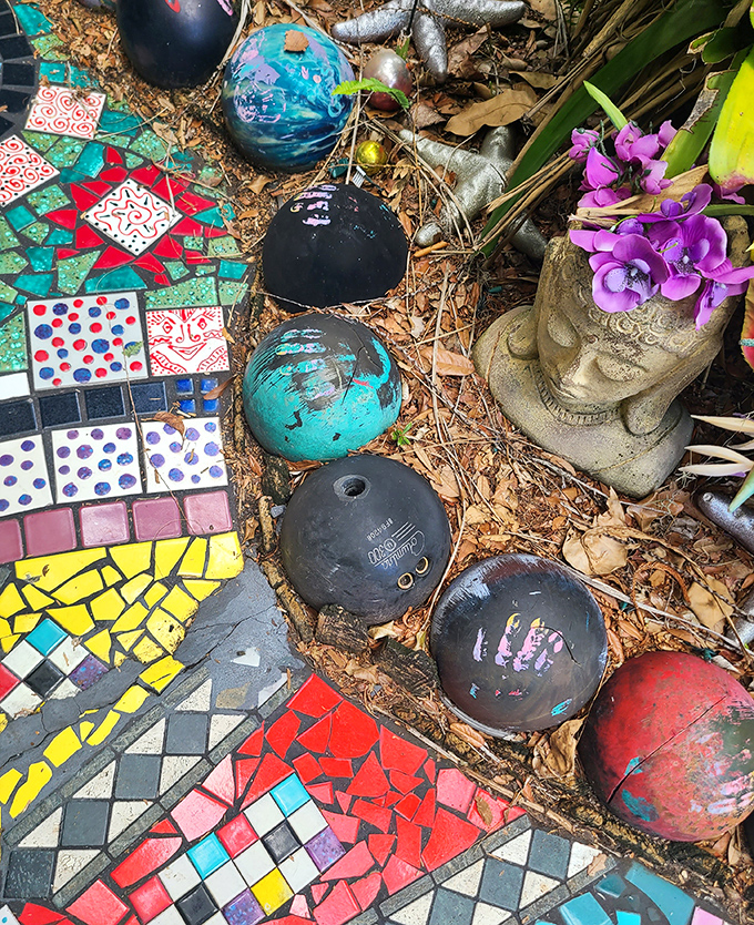 Bowling balls retired from their lane-crashing careers find peace as garden art. Strike up a conversation with these colorful spheres of joy.