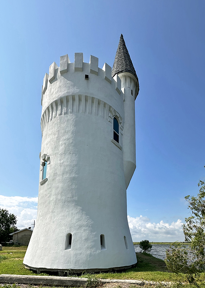 Looking up at the main tower reveals the careful attention to detail, from the textured walls to the perfectly proportioned battlements.