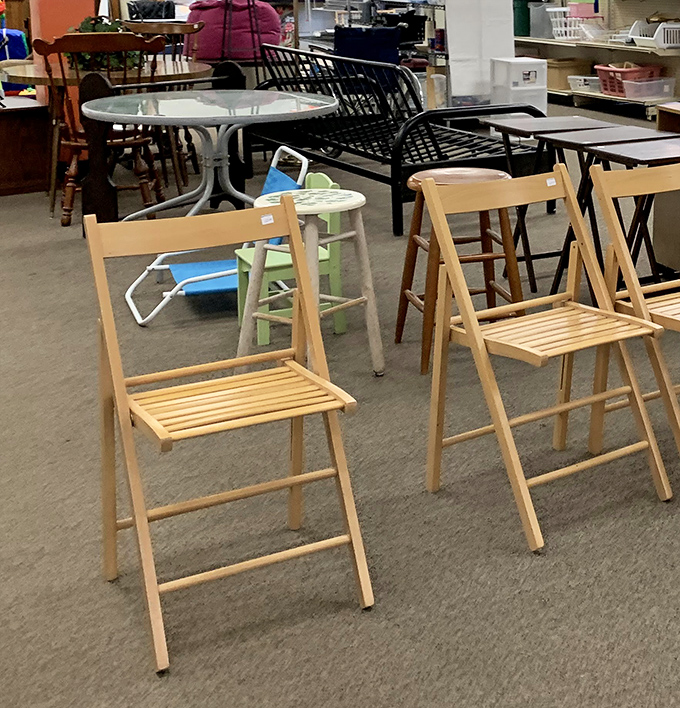 Chairs of every style and era assembled like a furniture family reunion, each one ready for its next home. 