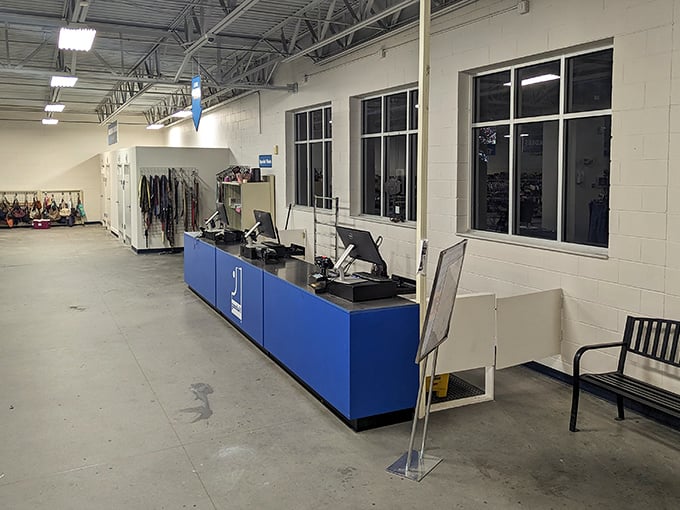 The final frontier: checkout counters where treasures become yours. The blue counters match the staff's friendly, no-pressure approach to service.