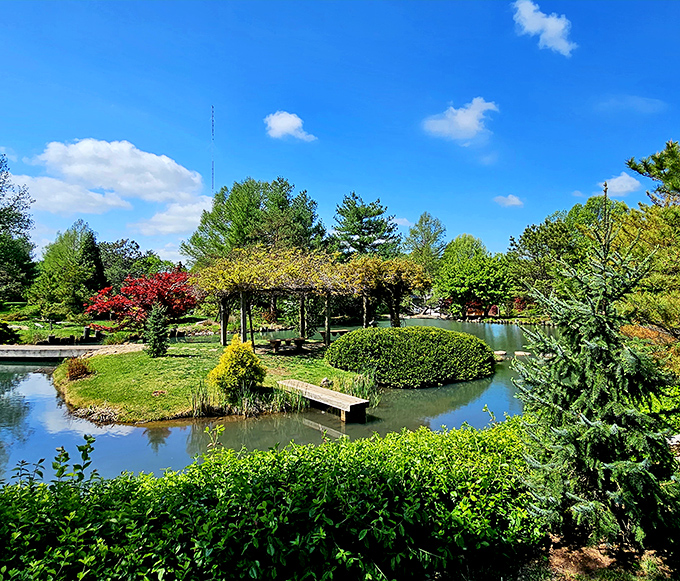 Nature's geometry lesson: circular hedges embrace a shaded pergola while water reflects the sky. The garden's designers understood that perfect symmetry exists in balance.