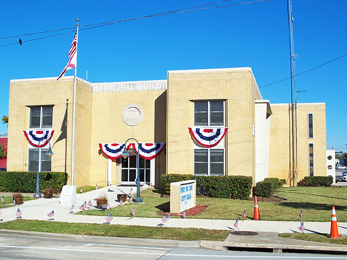 Port St. Joe's Municipal Building dons patriotic bunting like your uncle at a Fourth of July barbecue &ndash; proudly showing its civic spirit without going overboard.