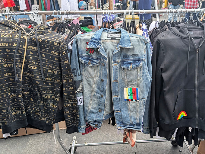 Fashion recycled, style renewed. These denim jackets and designer pieces hang like artifacts from LA's ever-evolving street style museum.