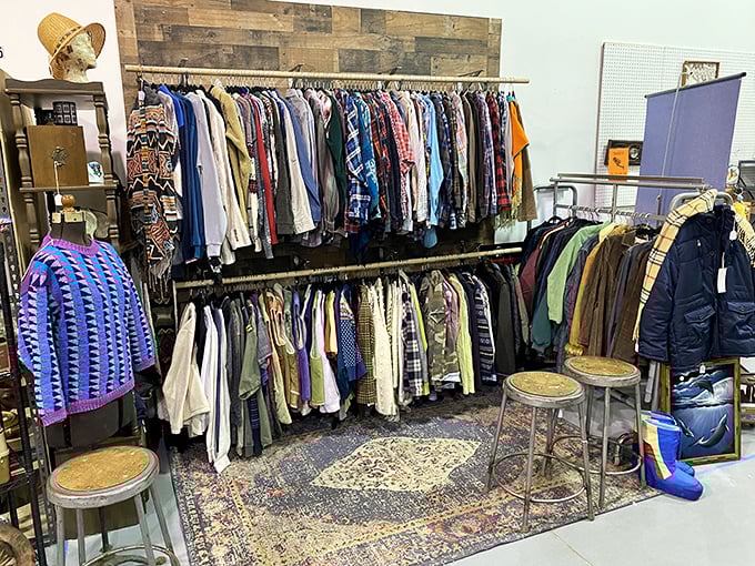 The vintage clothing section isn't just shopping&mdash;it's time travel with fabric. That Persian rug underfoot adds just the right touch of bygone elegance.