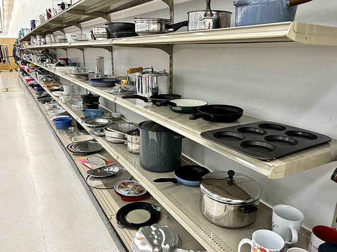 Cookware lines the shelves ready to simmer, saut&eacute;, and bake their way into your kitchen without emptying your bank account.