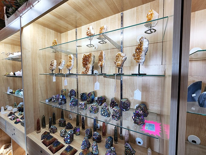 Nature's bling department &ndash; where desert rocks reveal their secret rainbow interiors under carefully positioned display lights.