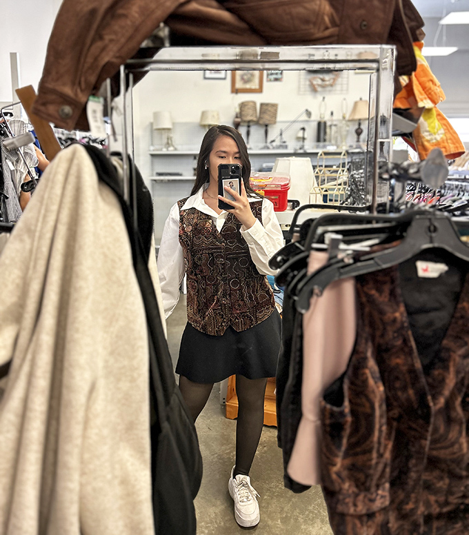The fitting room mirror: where thrift store fashion dreams either soar or crash. That vintage vest might just be the conversation starter your wardrobe needs.