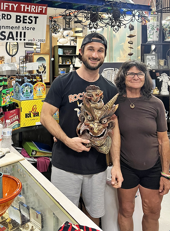 Nothing says "successful thrift shopping" quite like that triumphant smile after scoring an incredible vintage find.