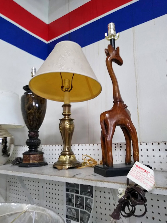 That wooden giraffe lamp isn't just decor—it's a conversation piece that asks, "Why settle for ordinary when extraordinary costs the same at Super Thrift?"