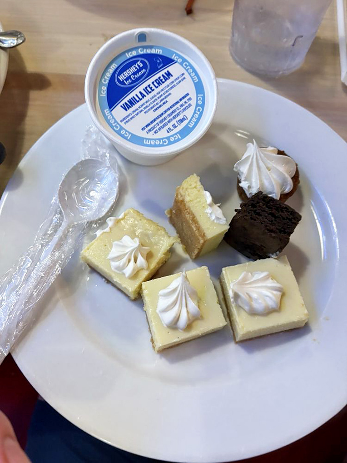 Dessert heaven: creamy cheesecake squares, chocolate decadence, and vanilla ice cream&mdash;because saving room is always worth it.