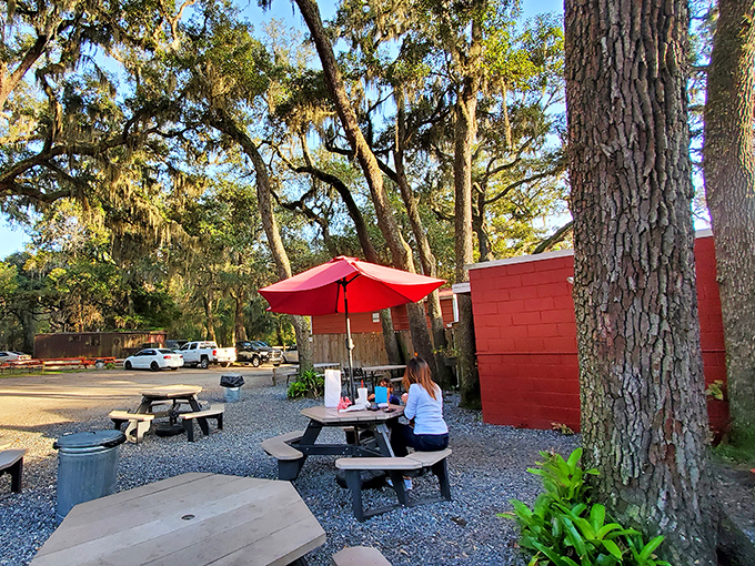 Outdoor dining under ancient oaks where the dappled sunlight is as refreshing as the sweet tea. Florida's natural air conditioning at its finest.