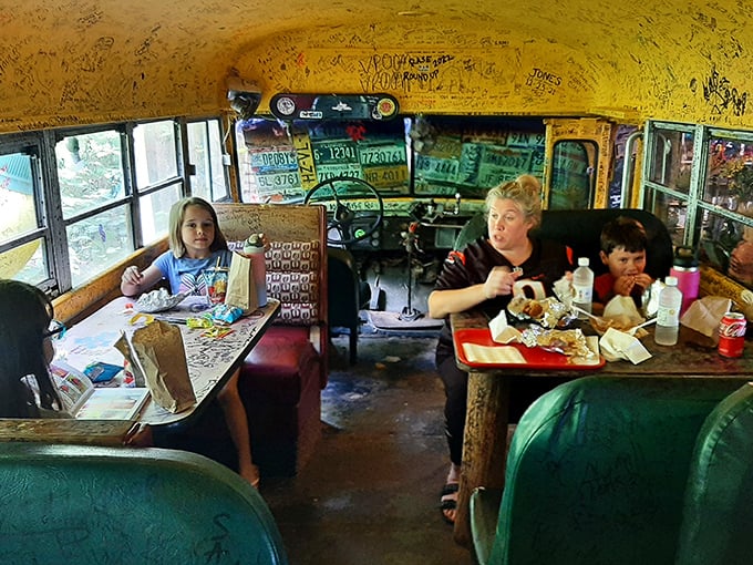 Family dining, school bus style. Where else can kids say they ate lunch on a bus and actually enjoyed it? Memories made between bites.