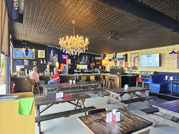 Where chandeliers meet picnic tables and barbecue magic happens. The contrast shouldn't work, but somehow it creates the perfect backdrop for serious meat appreciation.