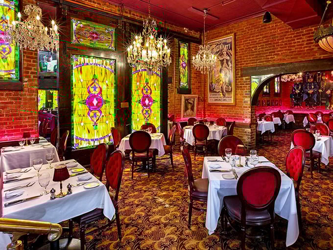 Stained glass and chandeliers create a sanctuary where calories don't count and dinner conversations become treasured memories.