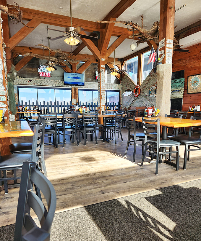 Rustic wooden beams frame Gulf views that no Instagram filter could improve. Dining room or postcard? You decide.