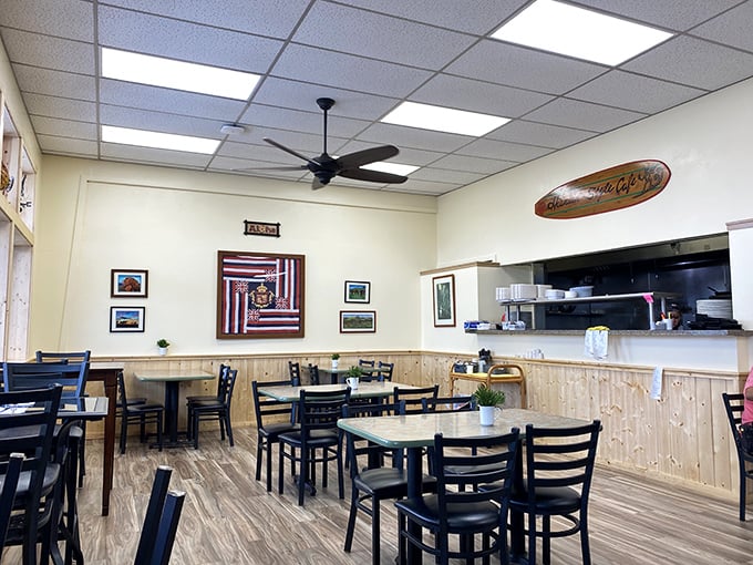 Clean lines, simple furnishings, and that surfboard watching over it all &ndash; no distractions from the serious business of eating well.