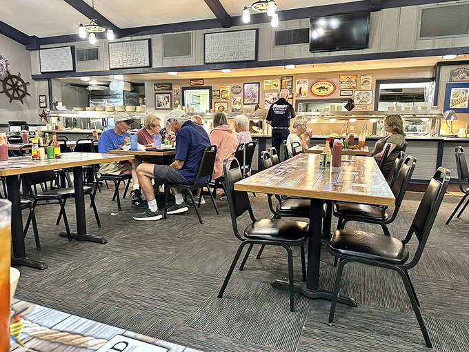 Regulars know the best conversations happen over hushpuppies and sweet tea, where stories are exchanged as freely as recommendations for which buffet item to try next.