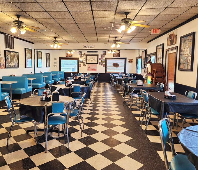 Classic Americana comes alive in this checkerboard-floored dining room, where turquoise booths invite you to slide in and stay awhile. Time travel never tasted so good.