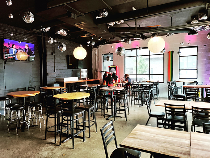 Disco balls and pendant lights create the perfect backdrop for pizza consumption &ndash; casual elegance with a side of fun.