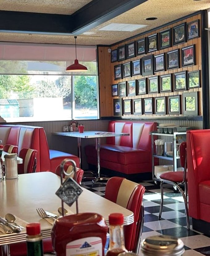 The dining area feels like a time capsule where calories don't count and the red booths have witnessed countless first dates, family celebrations, and recovery breakfasts.