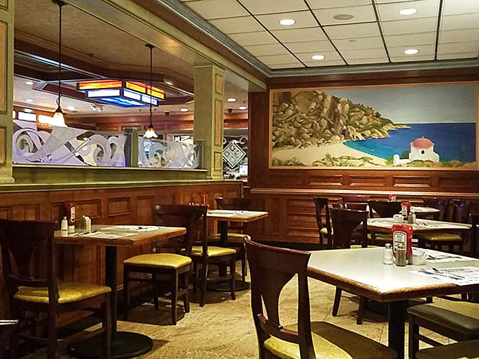 Mediterranean murals transport you seaside while you feast on pancakes&mdash;a visual vacation with your breakfast that doesn't require airfare.