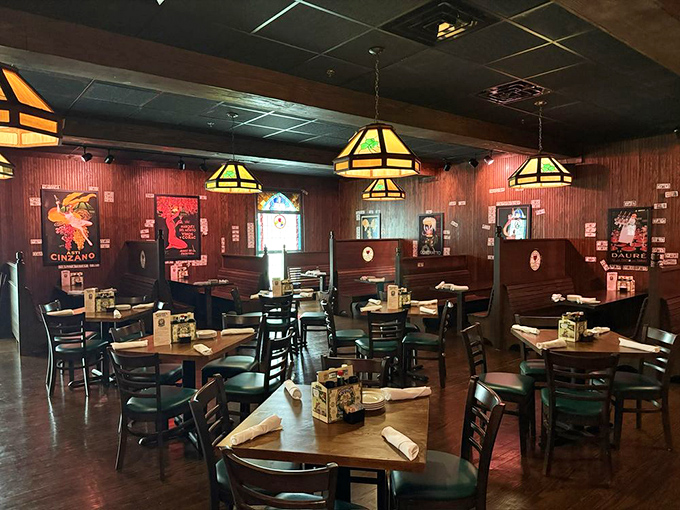 Warm lighting from craftsman-style fixtures bathes wooden tables in amber glow, creating the perfect atmosphere for both first dates and fiftieth anniversaries.