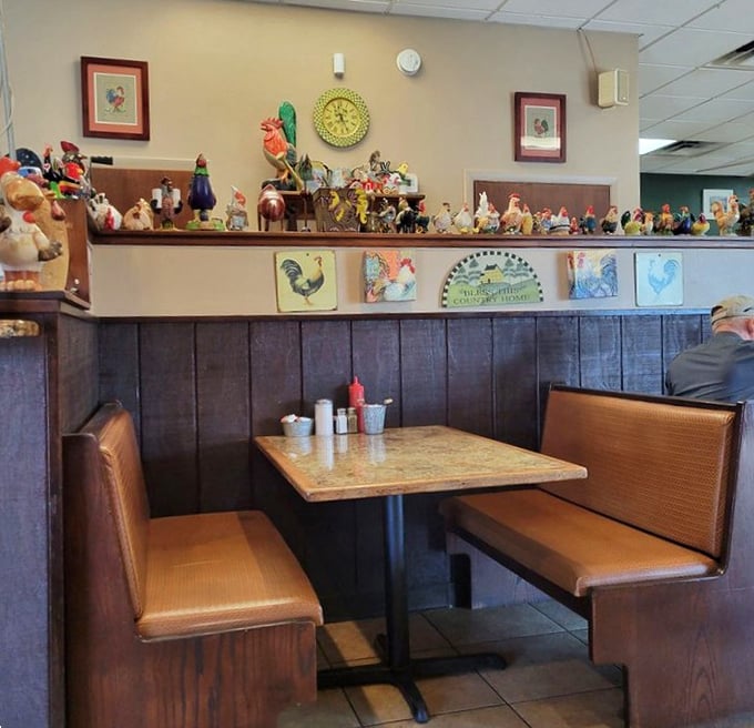 The chicken figurine collection watching over diners is either charming Americana or the world's most specific intervention &ndash; either way, it works.