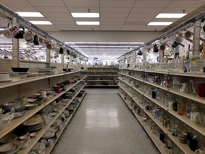 The dishware canyon stretches toward infinity, where your grandmother's missing teacup might be hiding among countless ceramic possibilities.