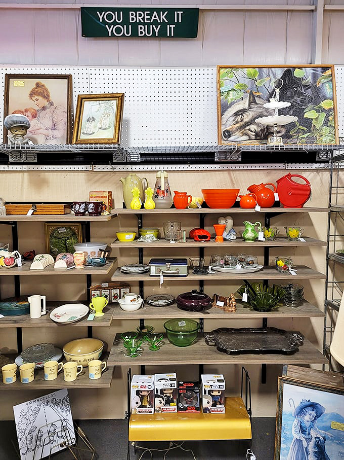 "You break it, you buy it" watches over kitchenware that survived decades of family dinners.