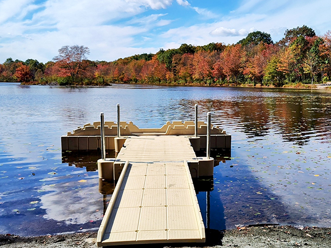 The dock extends into autumn's reflection, offering front-row seats to Mother Nature's most spectacular seasonal show.
