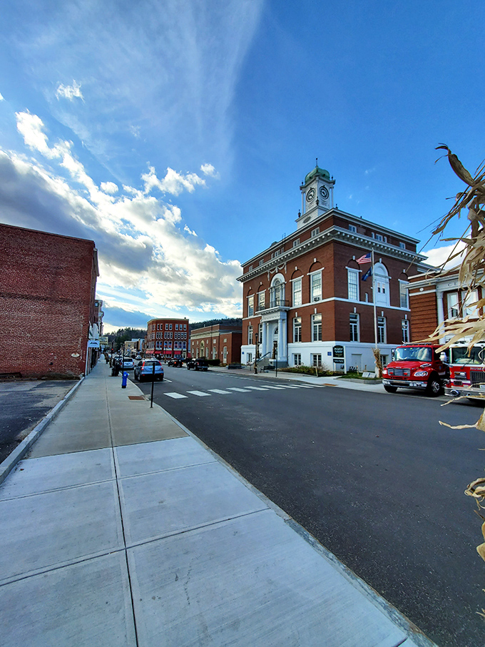 Rumford's downtown architecture tells stories of prosperity and perseverance, where red brick buildings stand shoulder to shoulder against Maine's changing seasons.