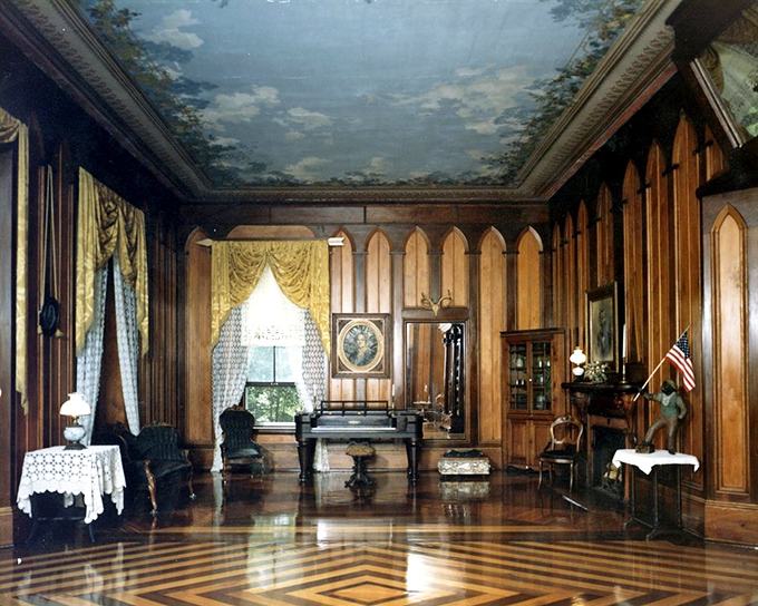 The drawing room's painted ceiling brings the sky indoors. Victorian Netflix was looking up at clouds while discussing the weather with actual humans.