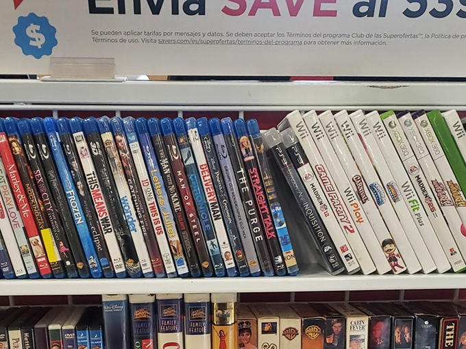 The media section&mdash;where forgotten blockbusters and cult classics mingle democratically on shelves, waiting for movie night resurrection.