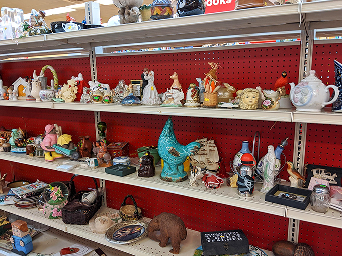 The figurine section—where kitsch meets nostalgia. That turquoise rooster might just be the conversation piece your mantel needs.