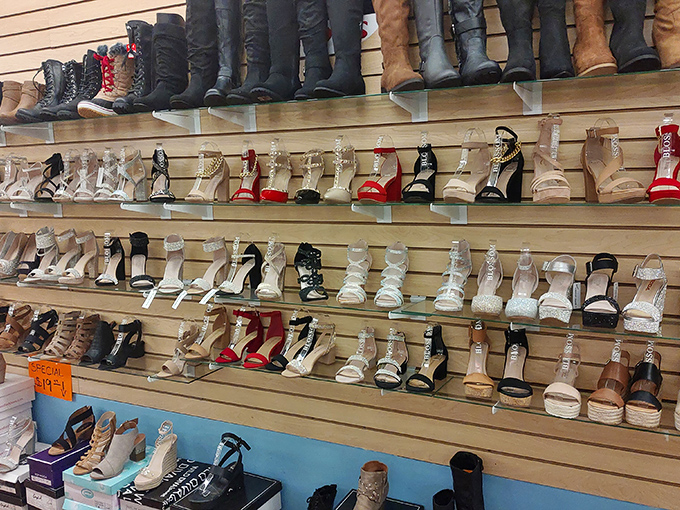 Boot and shoe heaven for fashionistas on a budget. From cowboy kicks to strappy sandals, this wall of footwear is where style meets affordability.