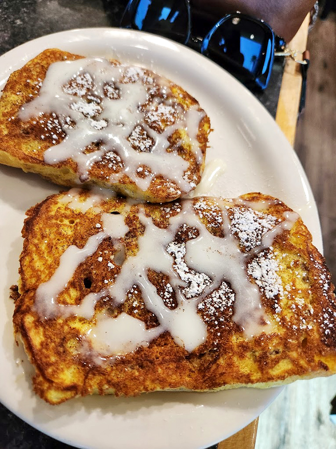 French toast that's crossed the line from breakfast to dessert, with that glorious icing drizzle making no apologies for its decadence.