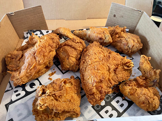 Southern-fried chicken pieces proving that Cockeye BBQ's talents extend far beyond the smoker into serious crispy territory.