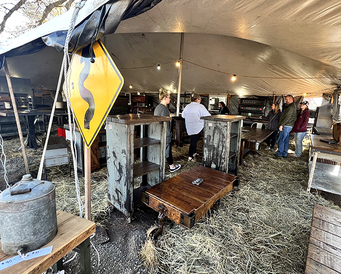 When bars and restaurants close, their weathered fixtures find new life here, with hay-strewn floors adding rustic charm to happy hour.