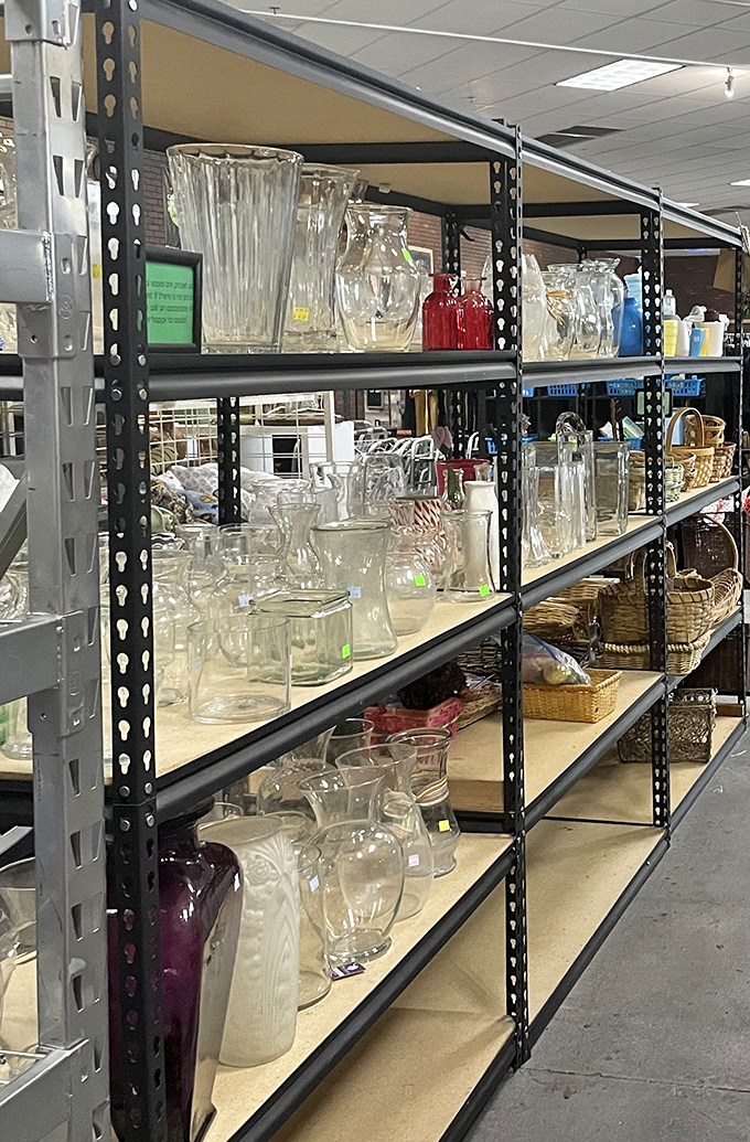 Crystal and glassware that would make your grandmother proud. These shelves hold everything from everyday tumblers to "company's coming" serving pieces.