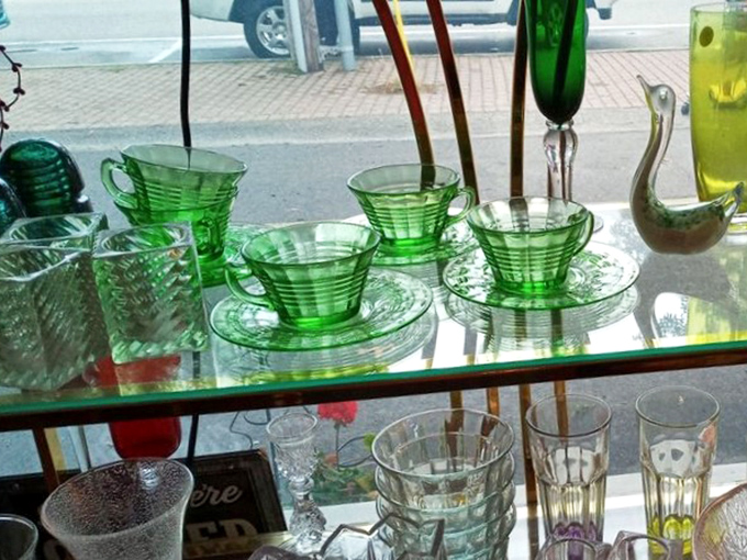 Depression-era green glass catches the light like emeralds, proving vintage never goes out of style.