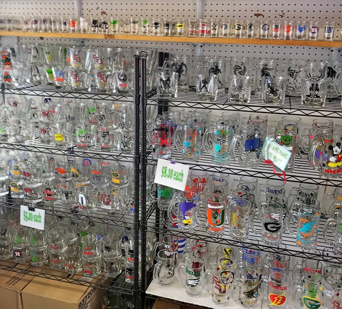 Glass menagerie of memories&mdash;each tumbler and shot glass a souvenir from someone else's vacation, now awaiting your cabinet collection.