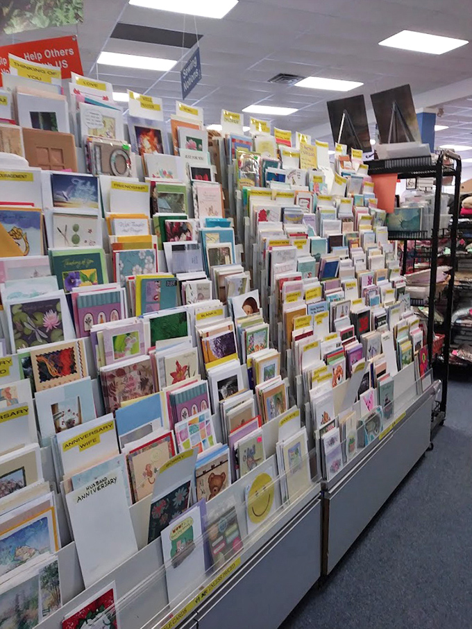 The greeting card section rivals Hallmark stores, offering sentiments for every occasion. Why pay $5 elsewhere when vintage charm costs pennies here?