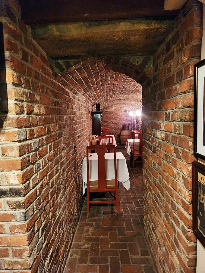 Through the brick archway lies a cellar dining room so atmospheric, you half expect Benjamin Franklin to join you.