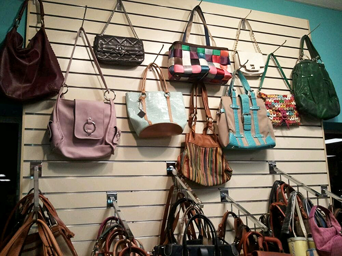 Handbag heaven awaits the patient hunter&mdash;colorful clutches and practical purses displayed like trophies from previous shopping expeditions, ready for new adventures.