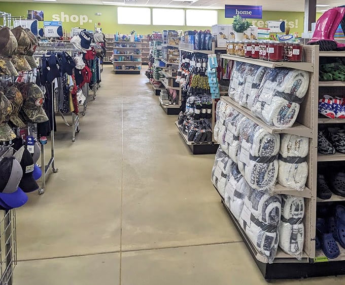 Baseball caps and winter hats stack together, because head coverage knows no season in this climate.