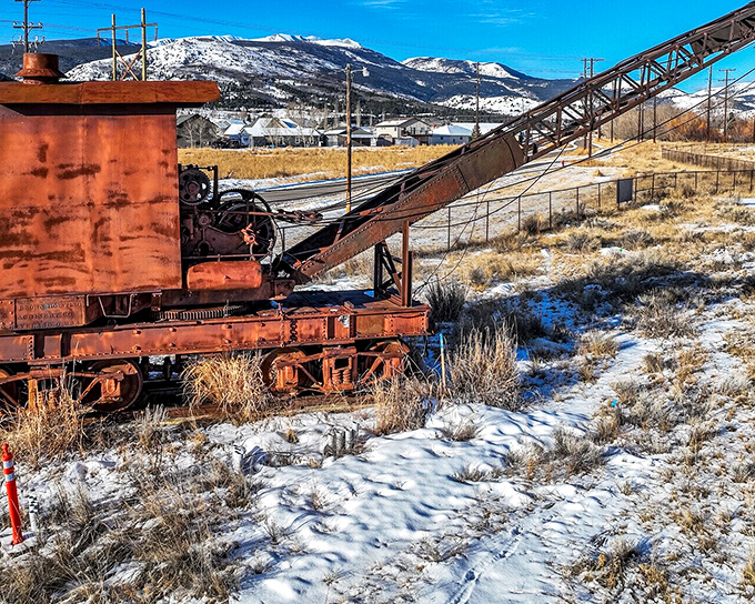 Rusting gracefully against the snow, this mining equipment stands as an industrial sculpture&mdash;a tangible reminder of Anaconda's copper-clad origins.