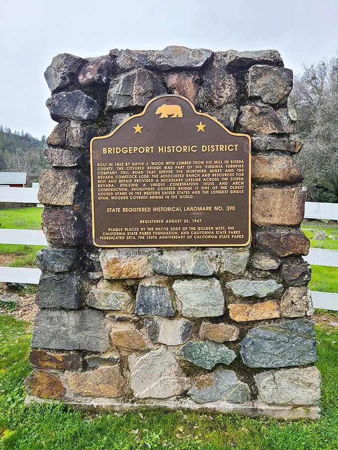 This historical marker tells the bridge's official story. Built in 1862, it's now recognized as the longest single-span wooden covered bridge in existence.