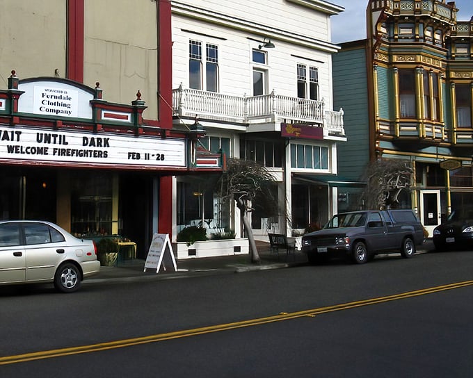 The historic theater marquee stands as a reminder that entertainment in Ferndale doesn't require downloading, streaming, or even particularly good reception.