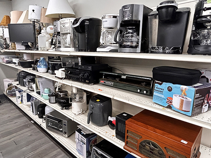Coffee makers and toasters stand at attention, ready for their second act in someone's morning routine.